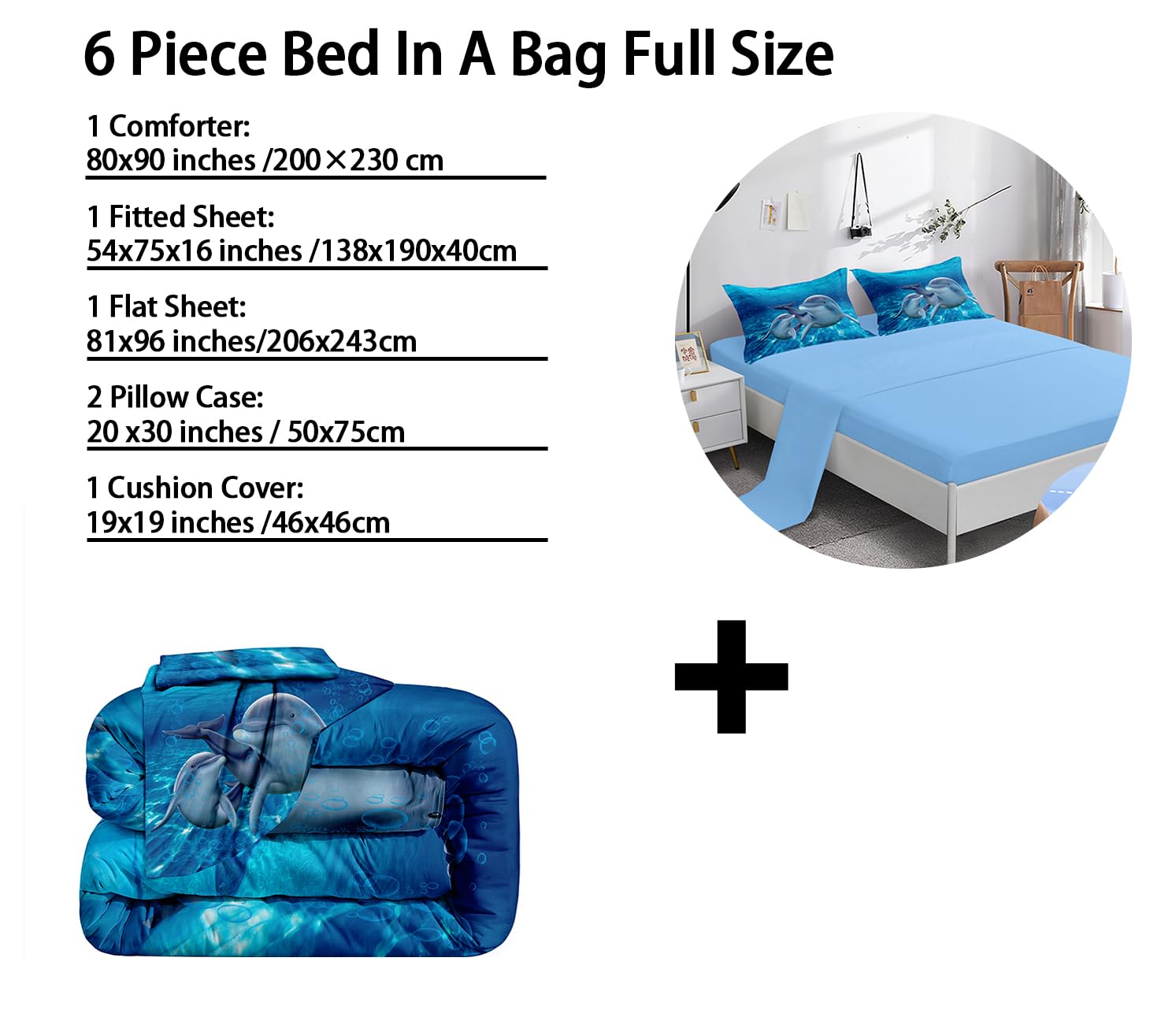 Dolphin Comforter Set Full Size Bed in a Bag Cute Dolphin Jumping Blue Ocean Themed Bedding Set for Boys Girls Room Decor with Comforter,Pillow Shams,Flat Sheet,Fitted Sheet,Cushion Cover(Full6Pcs)