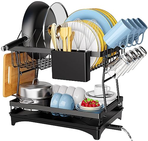 PKBD Rustproof Dish Drying Rack, 2 Tier Dish Rack with Drainboard, Cup Holder, Detachable Dish Drainer Organize Shelf with Utensil Holder Set, Large Dish Racks for Kitchen Counter, Black