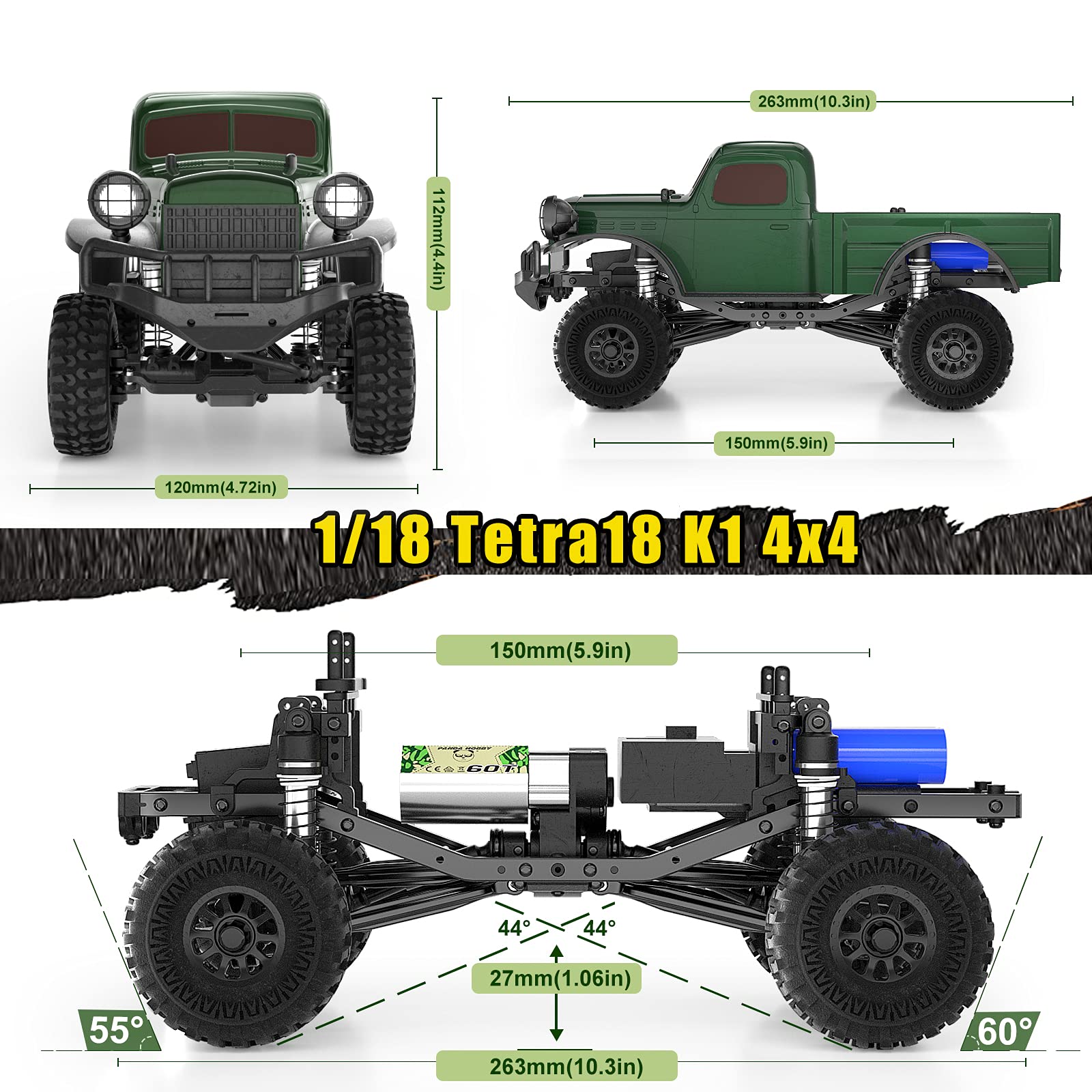 PANDA HOBBY Sport Tetra K1 1/18 RTR Scale 4x4 Rock Crawler 4wd Off-Road Vehicle (Green)