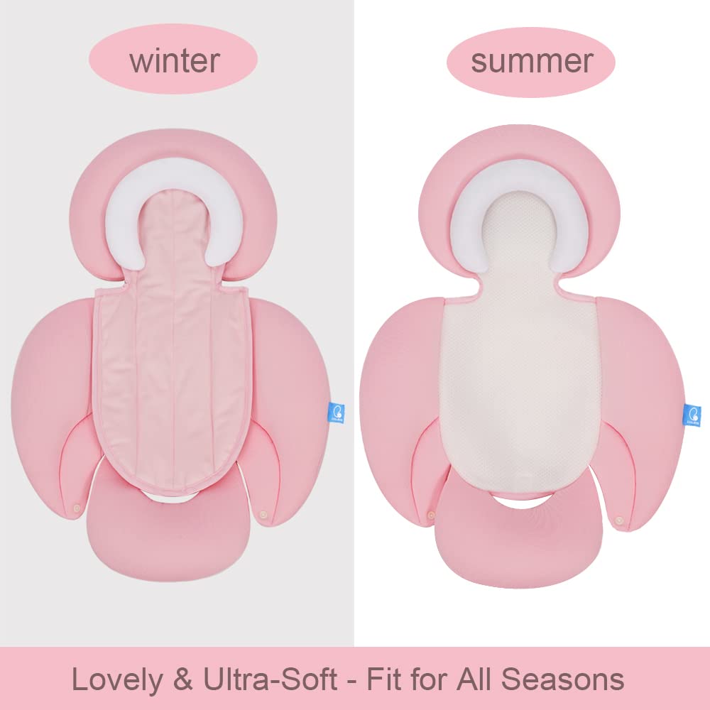 COOLBEBE New 2-in-1 Head & Body Supports for Baby Newborn Infants - Extra Soft Stroller Cushion Pads Car Seat Insert, Prefect for All Seasons, Pink