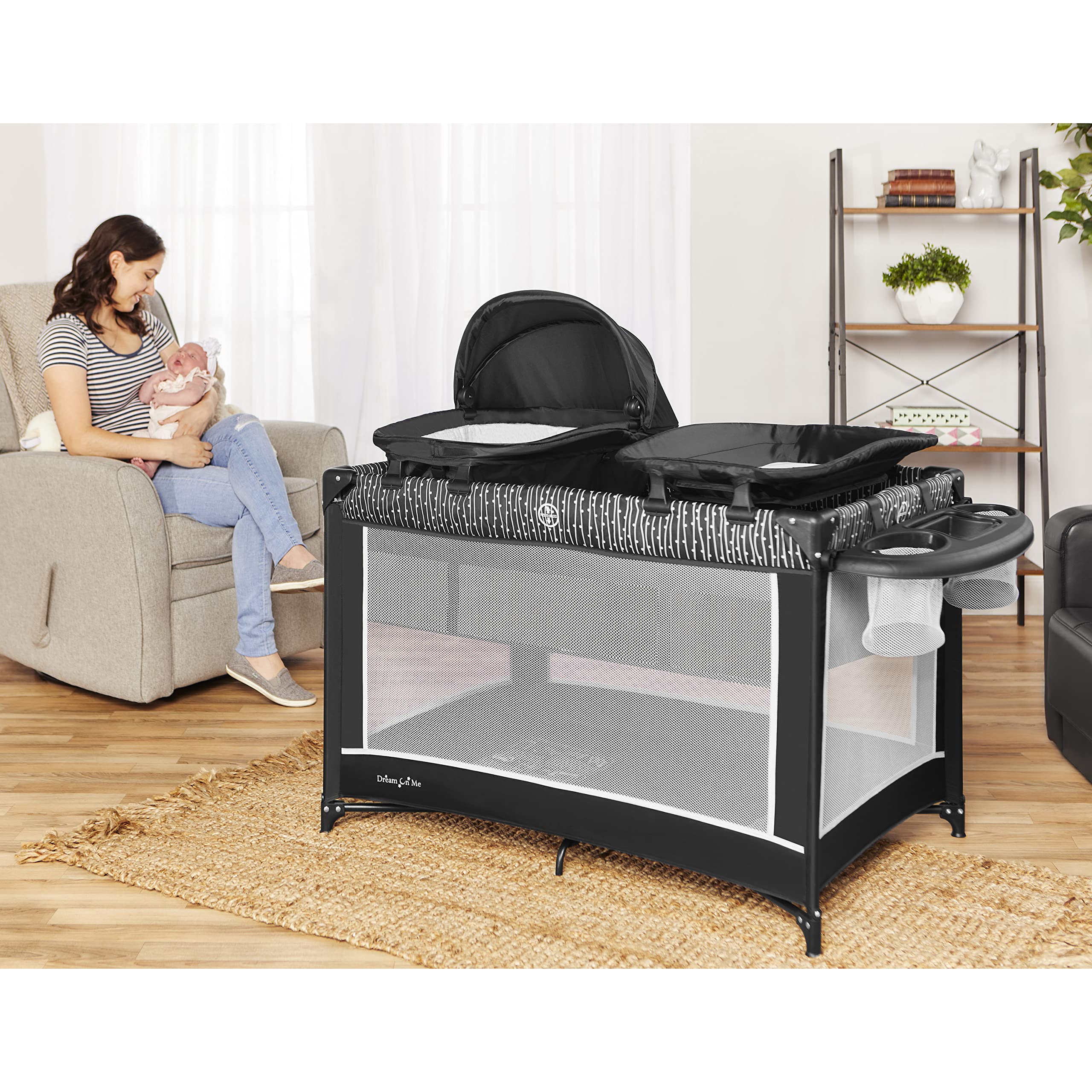 Dream On Me Lilly Deluxe-Playard in Black & White with Full Bassinet, Changing Tray and Infant Bassinet | with Canopy | Waterproof Fabric | JPMA Certified | Lightweight