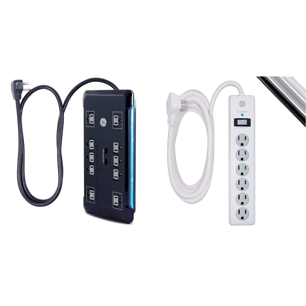 GE UltraPro 10 Outlet Surge Protector & GE 6-Outlet Surge Protector, 10 Ft Extension Cord, Power Strip, 800 Joules, Flat Plug, Twist-to-Close Safety Covers, UL Listed, White, 14092