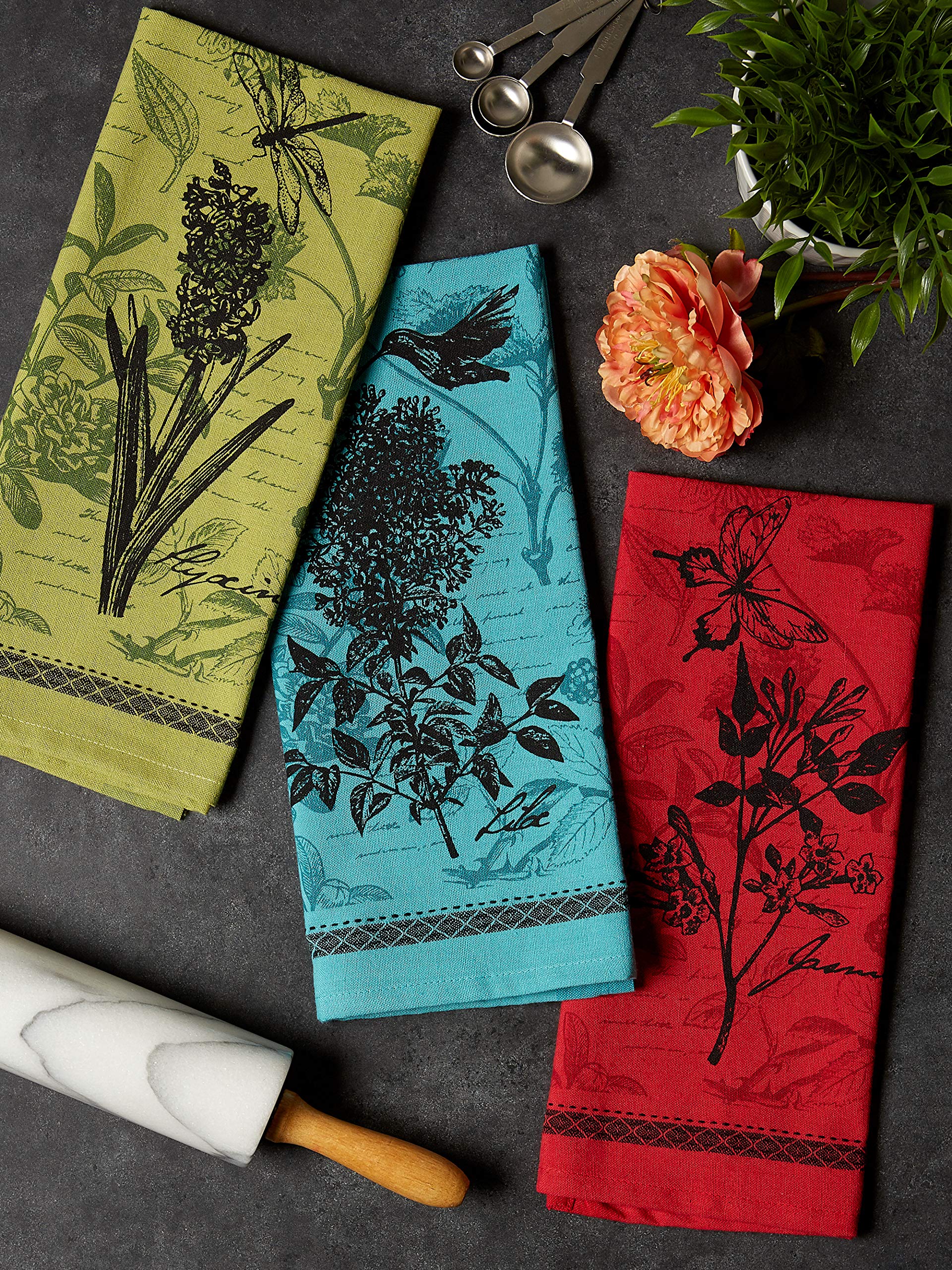 DII Botanical Print Tabletop Collection, Dishtowels, 18x28, Botanical Flowers 3 Piece