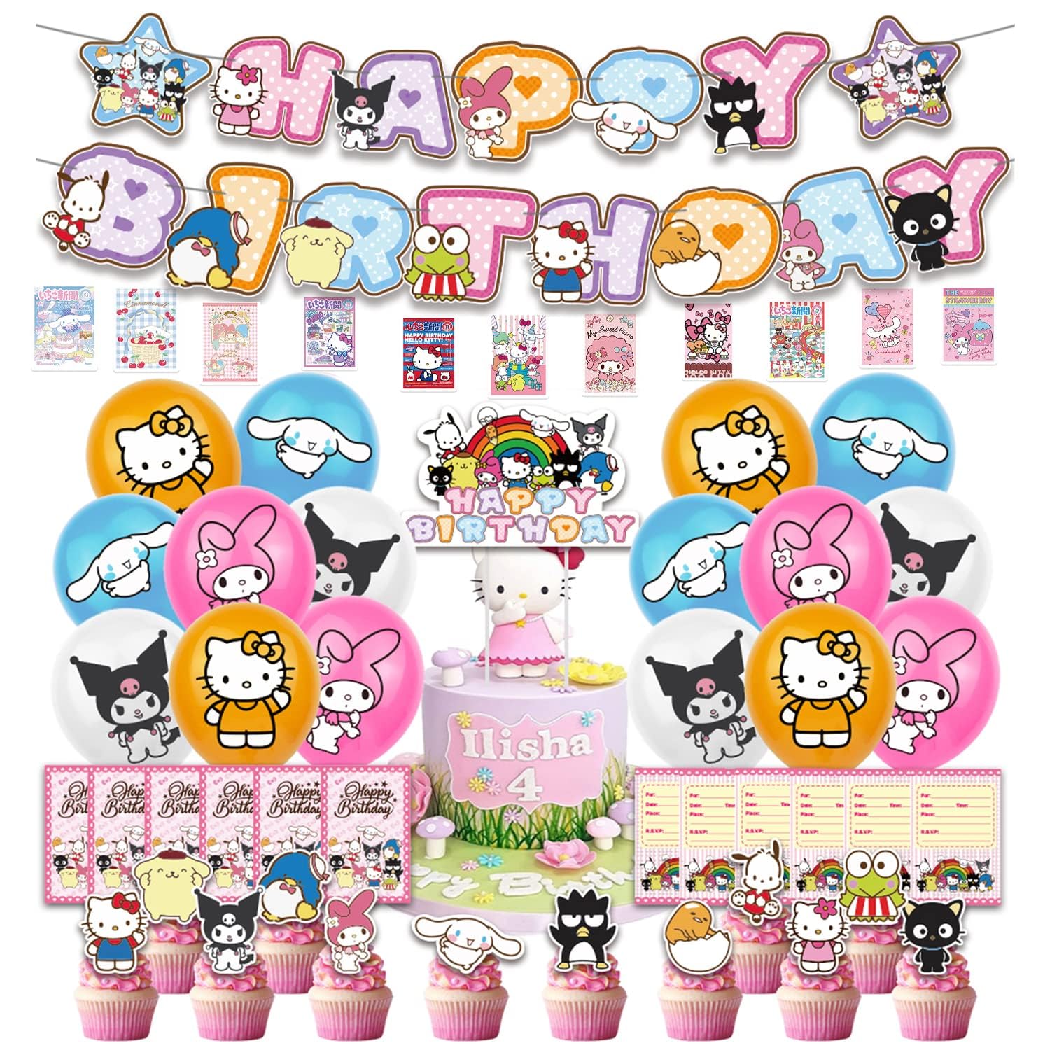 Generic Kawaii Birthday Decorations,Birthday Party Supplies-Include Birthday Banner Cake Toppers Balloons,50 Stickers,Friendship Theme Birthday Party Decorations (color)