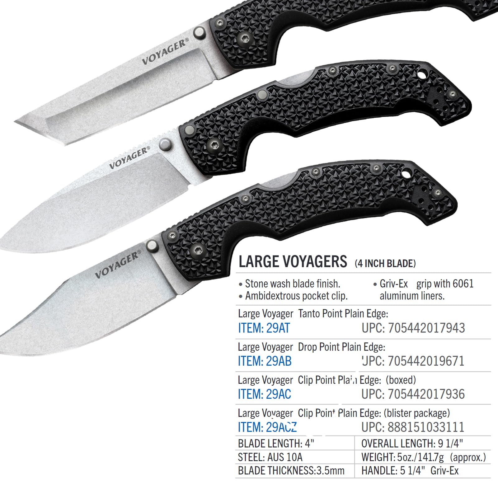 Cold Steel Voyager Large 4" AUS10A Tanto Point Razor-Sharp Blade 5.25" Griv-Ex Handle Everyday Carry Tactical Folding Knife w/Tri-Ad Lock