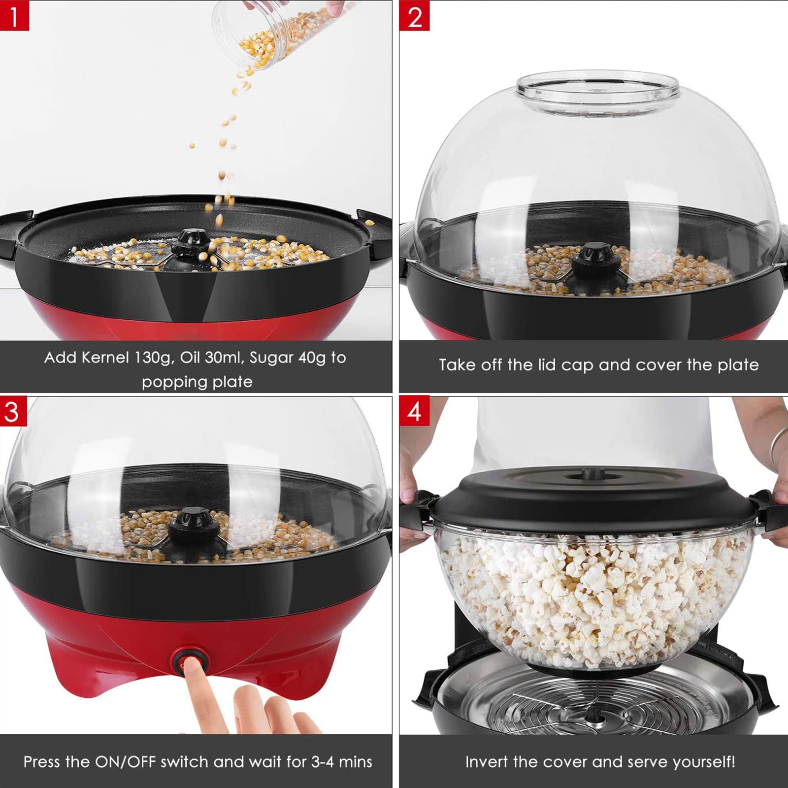 Electric Hot Oil Stirring Popcorn Maker,800W Popcorn Popper Machine with Measuring Cups and Large Lid, 6 Quart, Red, 34*29*13cm, RH-906