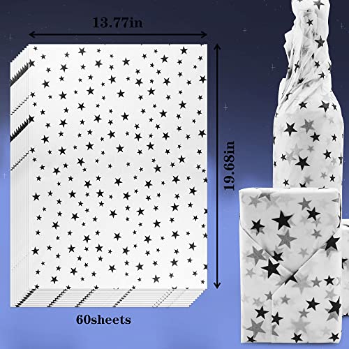 Hi Sasara 60 Sheets White with Black Star Tissue Paper,White and Black Tissue Paper for Gift Bags,Star Gift Wrapping Tissue for Halloween Christmas,Wedding,Birthday,DIY and Crafts,14 x 20 Inch