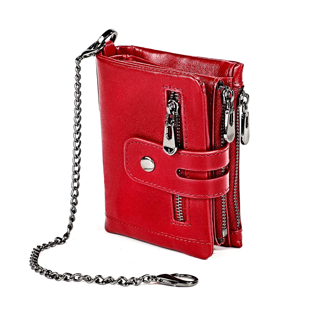 Vintage Women's RFID Blocking Leather Wallet small Chain (Red)