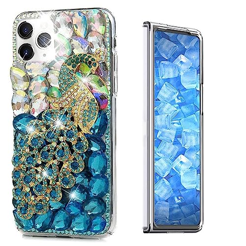 STENES Sparkle Case Compatible with Samsung Galaxy Z Fold 2 5G Case - Stylish - 3D Handmade Bling Peacock Rhinestone Crystal Diamond Design Girls Women Cover - Blue