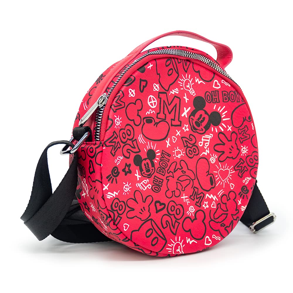Disney Bag, Cross Body, Round, Mickey Mouse Icon Doodles Collage, Red Black White, Vegan Leather