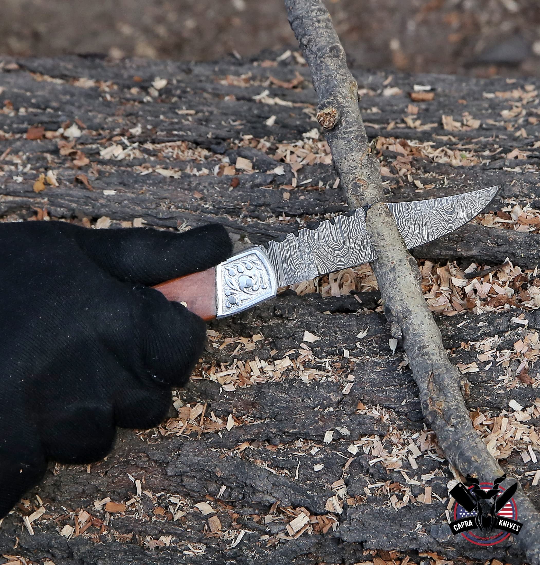 Capra Knives CK-52 Handcrafted Folding Engraved Brass Pocket Knife 4” Folded, 7.25” Long Overall, 4.5oz Olive Wood Handle, Damascus Blade with Leather Sheath