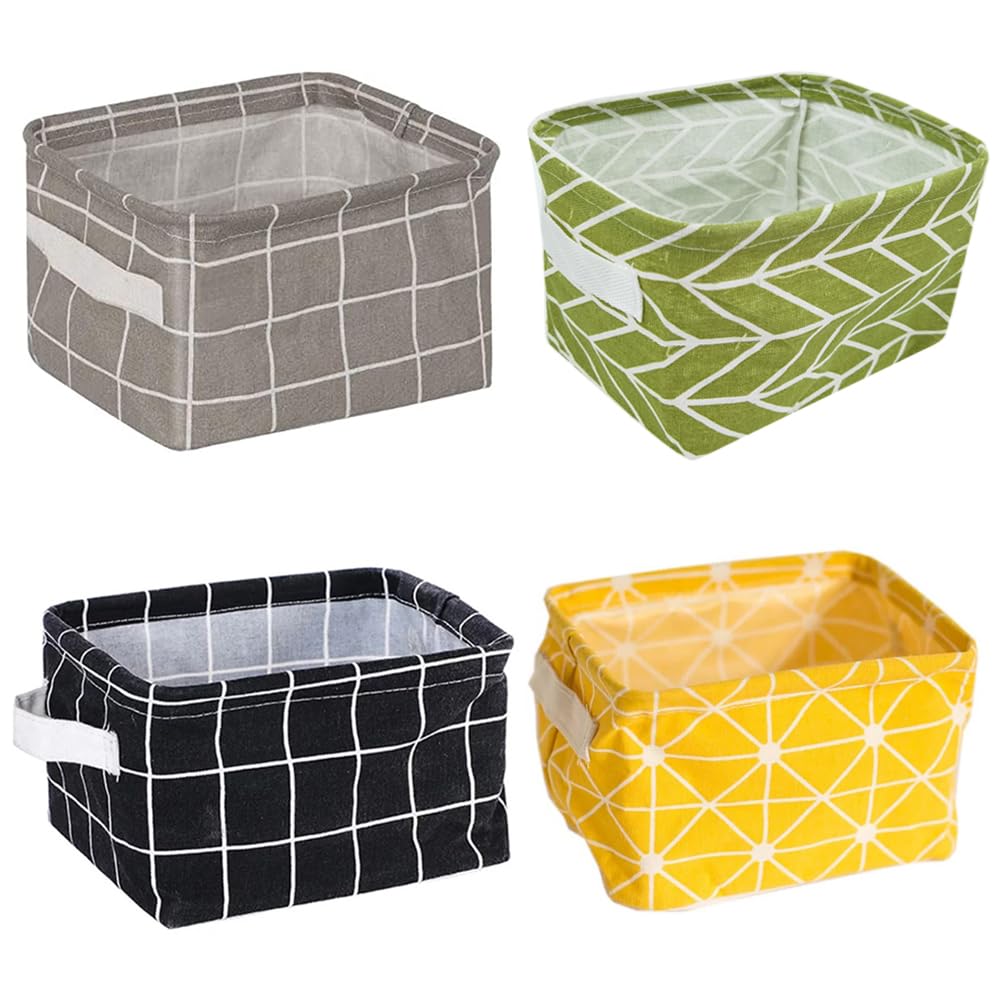 CHXILING Fabric Storage Basket,4 Pcs Foldable Waterproof Small Baskets Mini Square Cotton Linen Organizer Box with Handles for Desktop Storage and Household Organizer