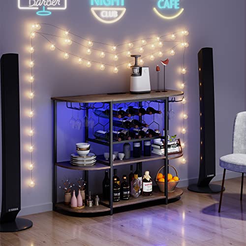 Logianis Wine Rack Table with Outlet and LED Light 47.3 Inch FreeStanding Wine Bar Rack Wooden Rustic Wine Storage with Wine Shelf and Glass Holder Wine Bar Cabinet Rustic Brown