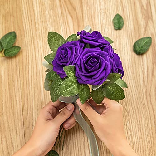 Lansdowns Artificial Flower Foam Rose 25pcs Real Looking Fake Rose with Stems Leaves for Home Decoration Party Garden Centerpieces DIY Wedding Bouquets(Purple)