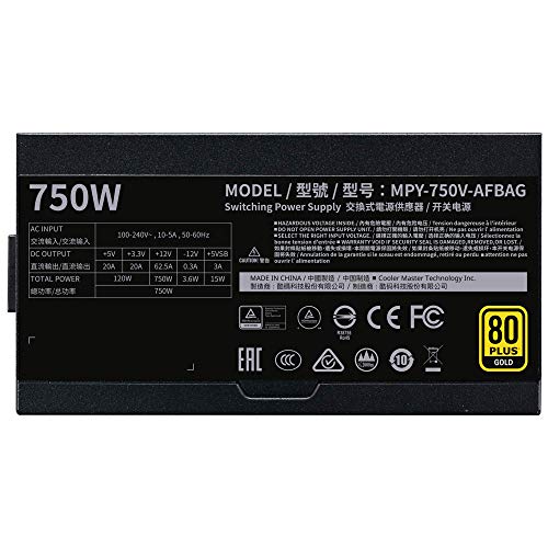 Cooler Master V750 Gold V2 Full Modular,750W, 80+ Gold Efficiency, Semi-fanless Operation, 16AWG PCIe high-Efficiency Cables, 10 Year Warranty