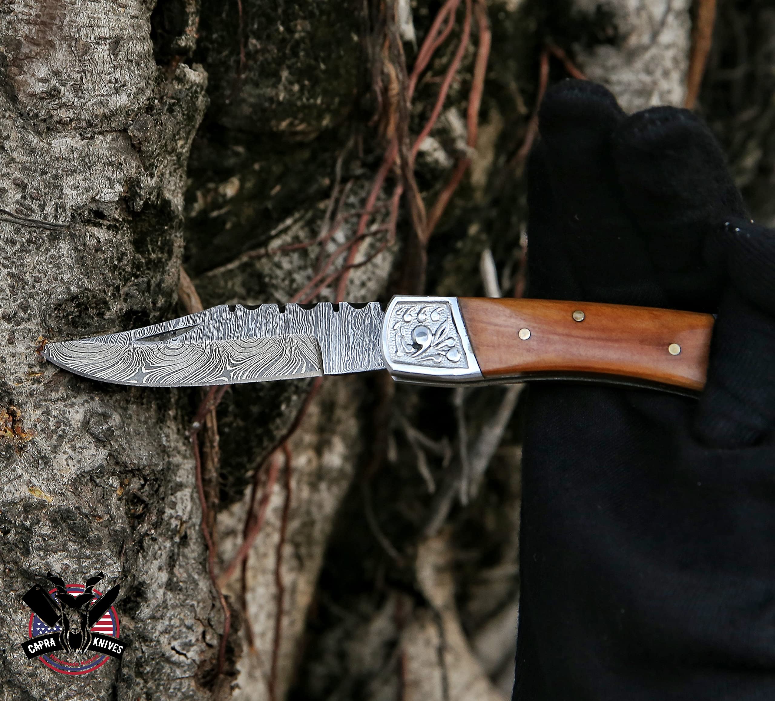 Capra Knives CK-52 Handcrafted Folding Engraved Brass Pocket Knife 4” Folded, 7.25” Long Overall, 4.5oz Olive Wood Handle, Damascus Blade with Leather Sheath
