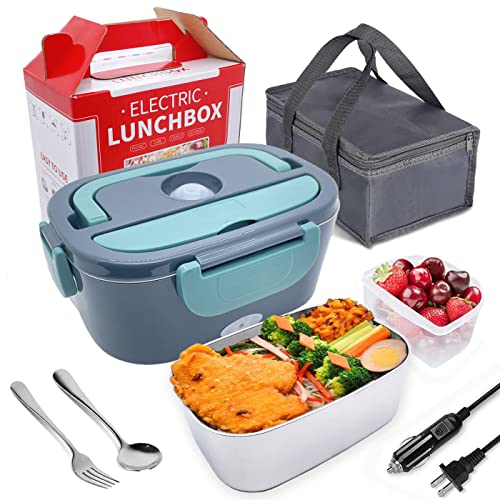 Electric Lunch Box Food Warmer Heater, 12V 24V 110V High Power Portable Microwave for Adults Food Heating, 1.5L Removable Stainless Steel Container for Car, Truck, Office, Home, Camping, Picnic