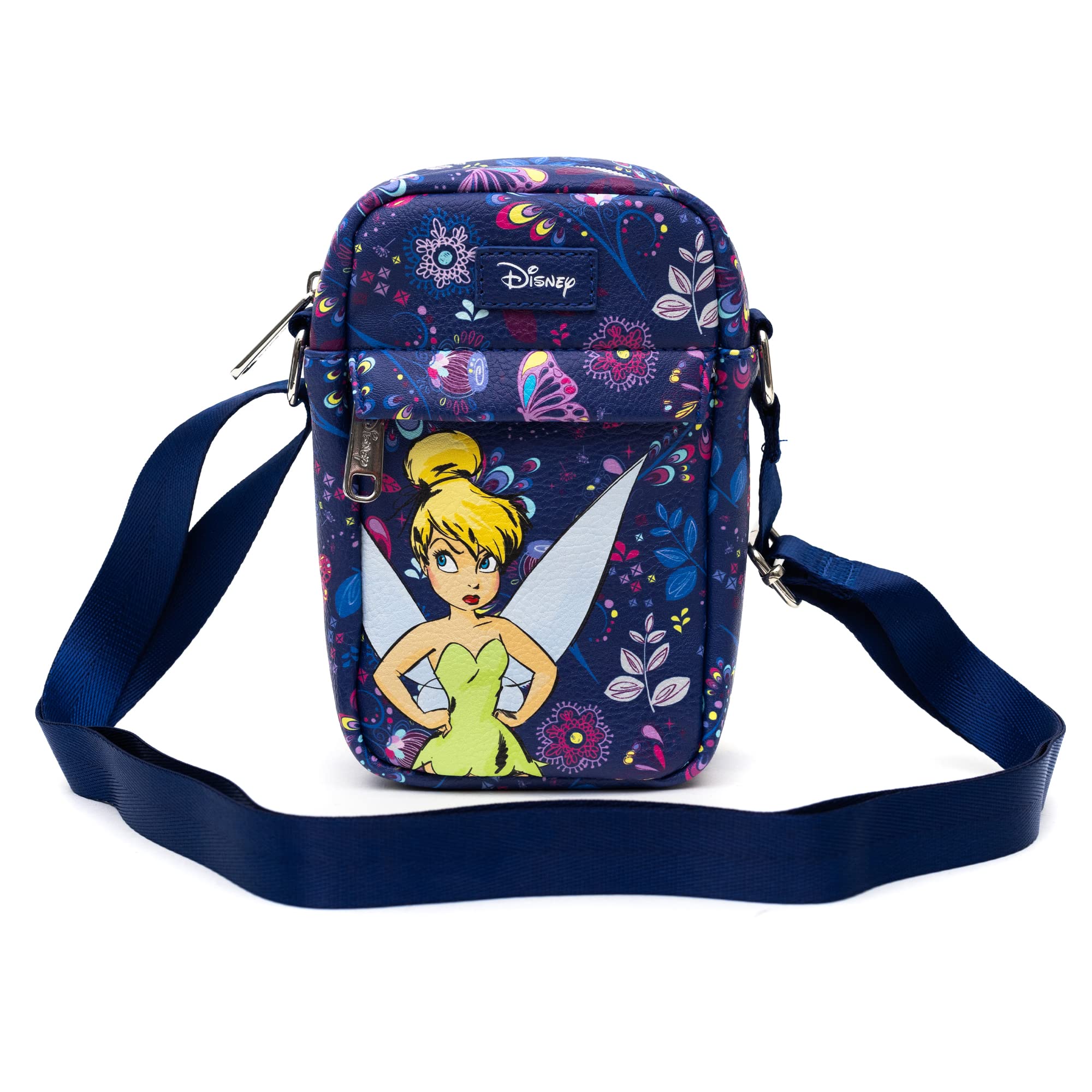 Disney Bag, Cross Body, Tinker Bell Standing Pose Floral Collage, Blue, Vegan Leather