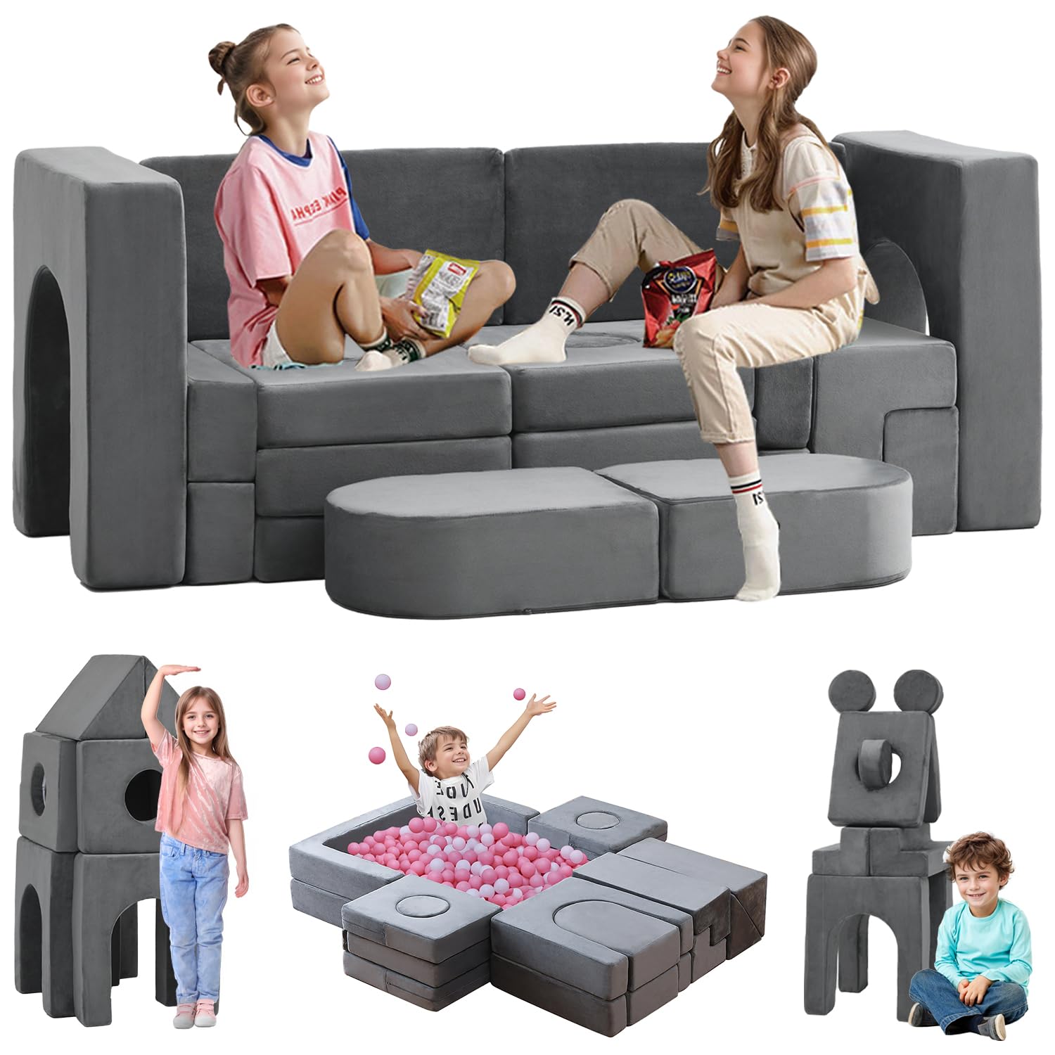 Domiqut 22Pcs Modular Kids Play Couch, Floor Sofa for Children, 1000+DIY Creativing Playroom Furniture for Toddlers, Convertible Foam and Floor Cushion for Boys and Girls
