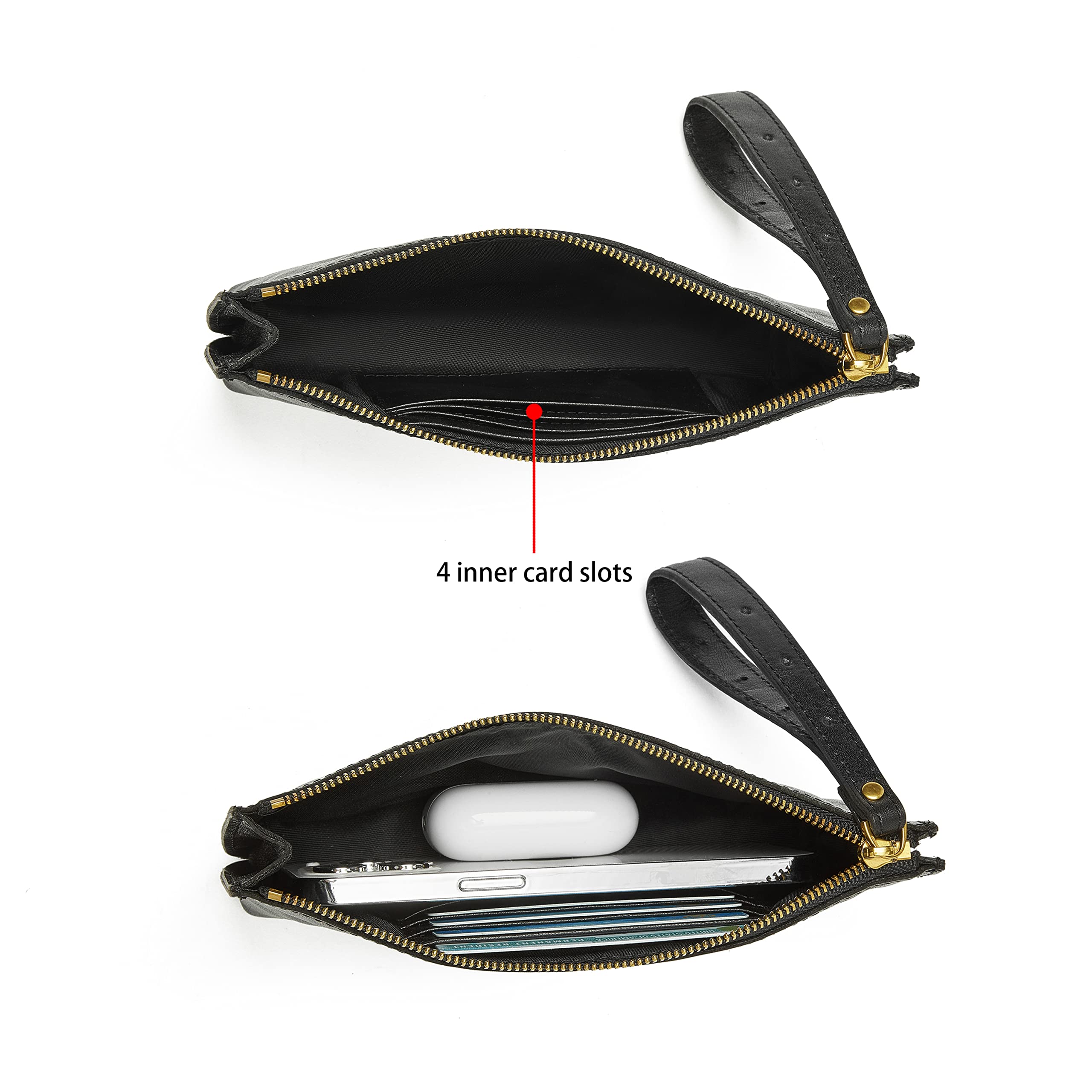 DORIS&JACKY Designer Leather Wristlet Clutch Purse For Women Small Corner Zip Wallet With Wrist Strap (1-black)