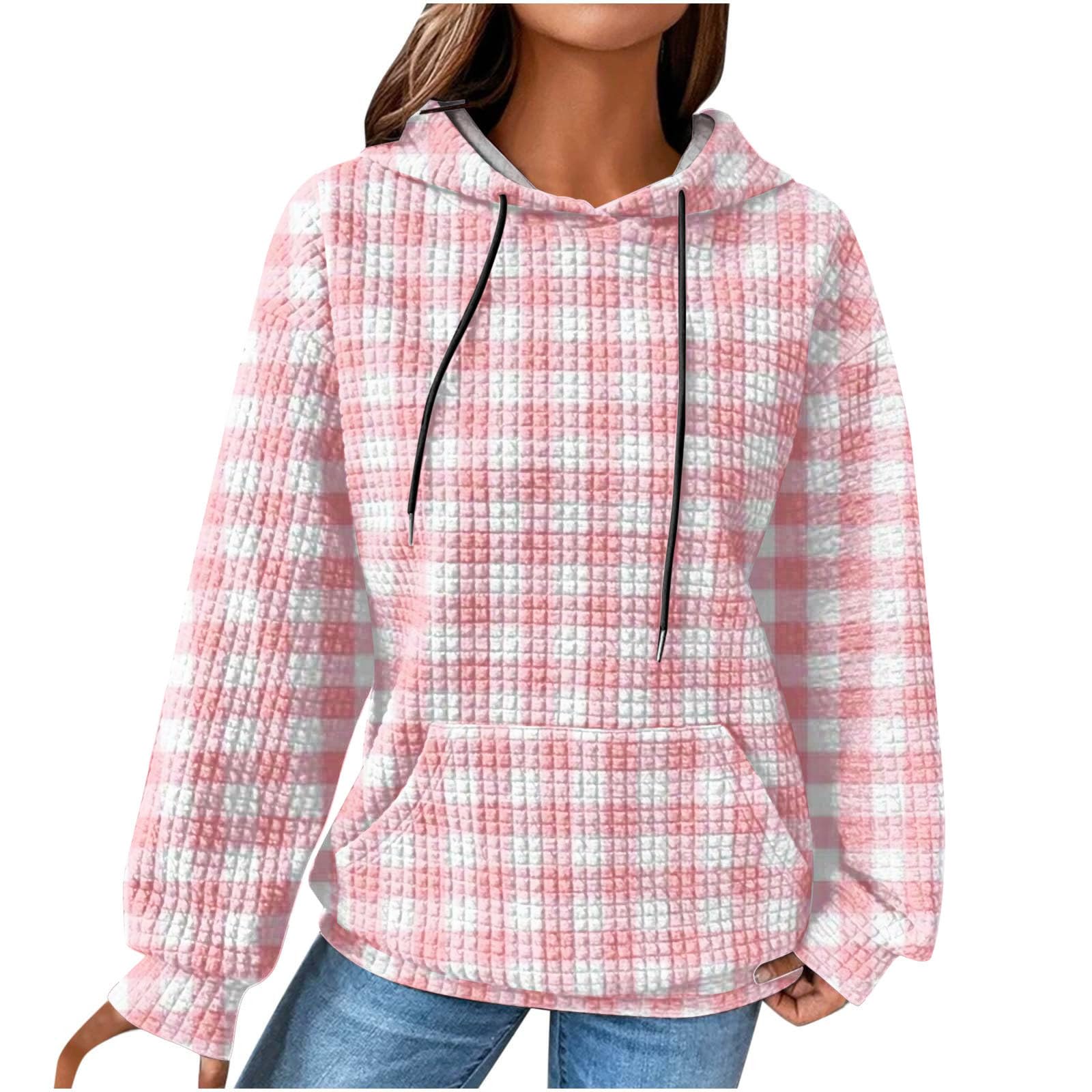 Ceboyel Women Waffle Knit Cute Hoodies Drawstring Pullover Sweatshirts Fashion Casual Sweaters Comfy Fall Clothes Outfits volleyball Sweatshirt Pink 3X