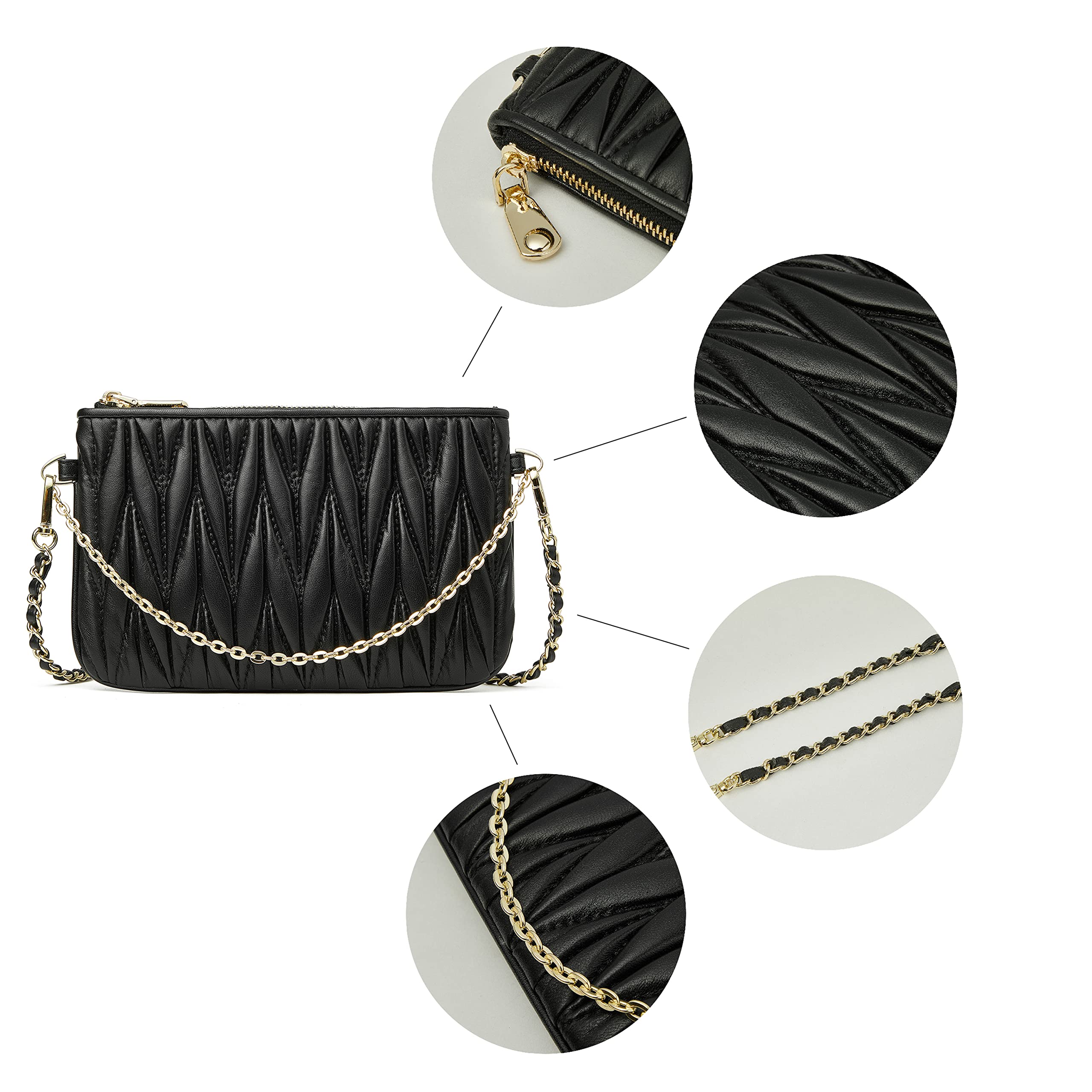 DORIS&JACKY Leather Quilted Clutch Bags For Women Small Multifunctional Shoulder Purse With Lots Card Slots(1-Black)