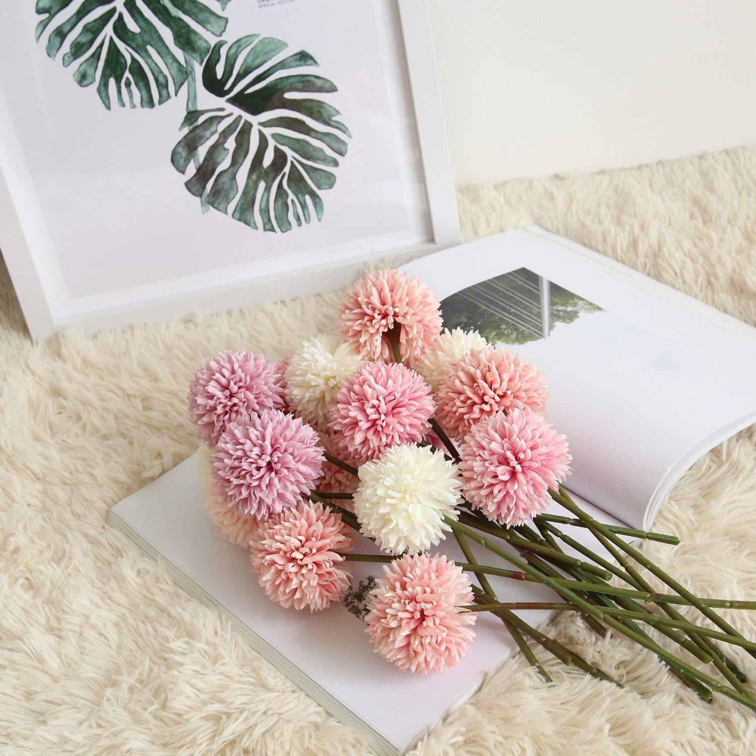 CQURE Artificial Flowers, Fake Flowers Silk Artificial Hydrangea 6 Heads Bridal Wedding Bouquet for Home Garden Party Wedding Decoration 6Pcs (Light Pink)