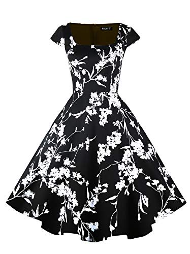 PUKAVT Women's Cocktail Party Dress Cap Sleeve 1950 Retro Swing Dress with Pockets Black Flower M