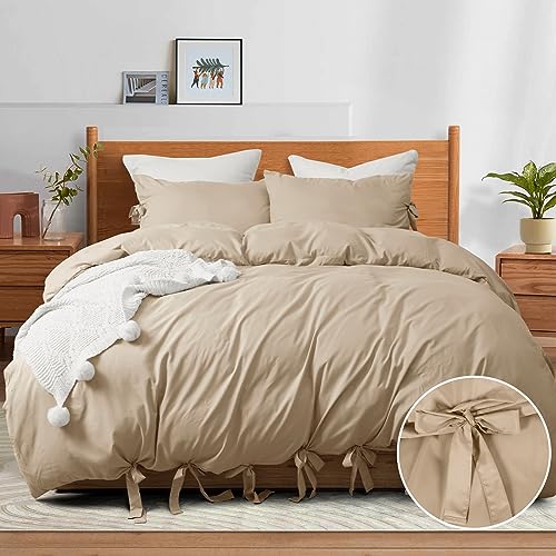 PHF Khaki Duvet Cover Queen Size, Comfy Lightweight Skin-Friendly Comforter Cover Set with Bowknot Bow Ties, Soft Durable Bedding Collection with 2 Pillowcases for All Season, 90" x 90"