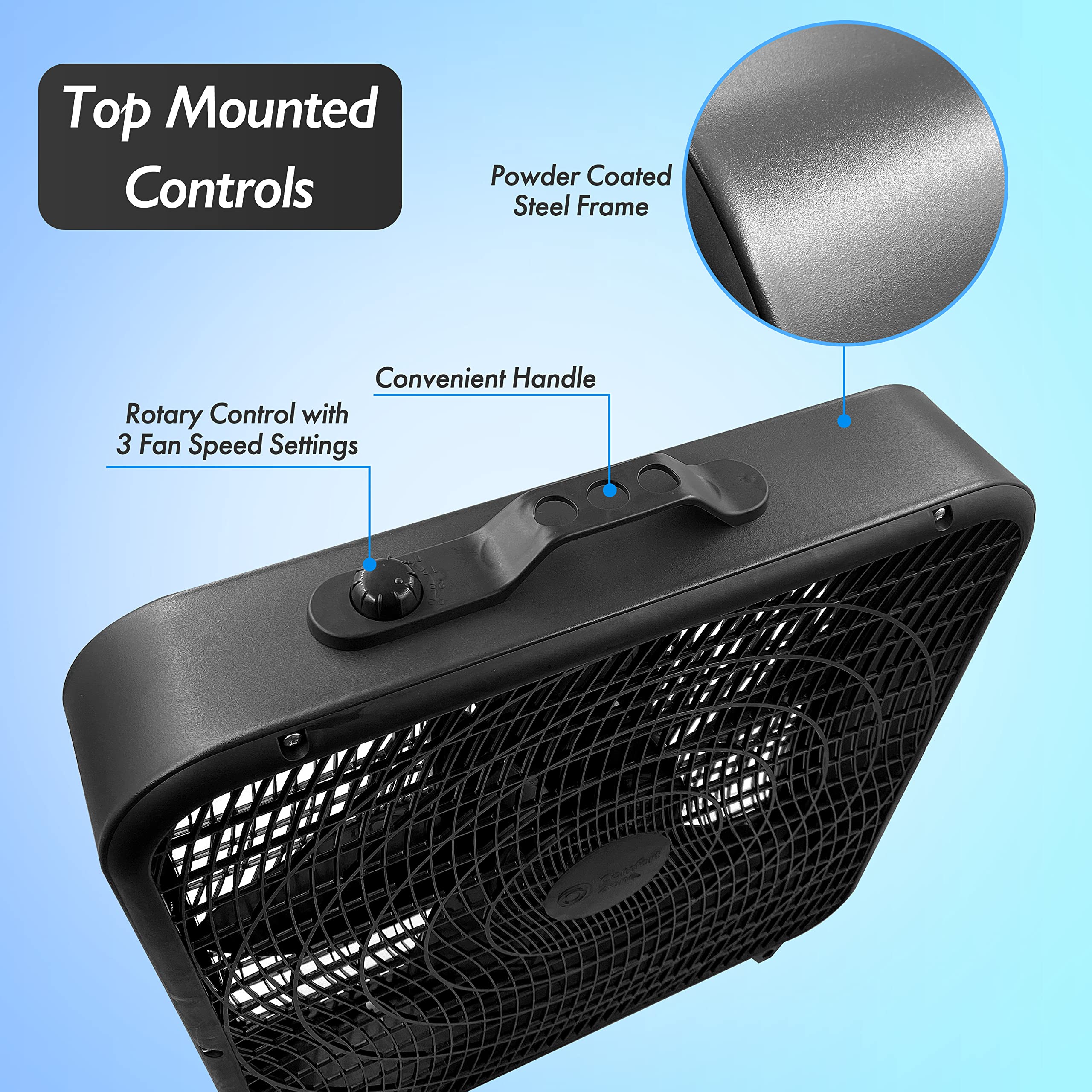 Comfort Zone Box Fan with Carry Handle, 20 inch, 3 Speed Full-Force Air Circulation with Air Conditioner, Floor Fan, Bedroom Fan, Airflow 15.03 ft/sec, Ideal for Home, Bedroom & Office, CZ200ABK