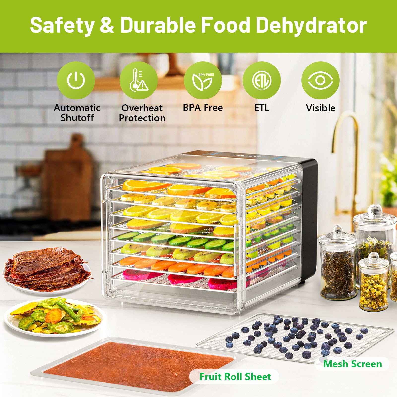 Food Dehydrator Machine Detachable, 8 Stainless Steel Trays, 600W Dryer for Jerky, Herb, Meat, Veggies, Fruit, Dog Treats, LED Display, 48H Timer & 86℉-167℉ Temperature Control, Recipe Book Included