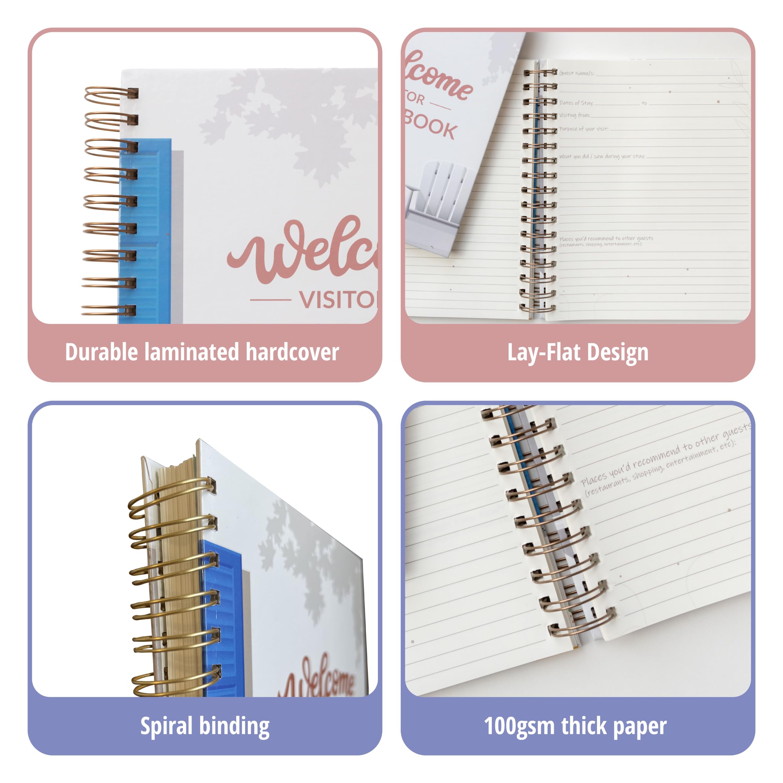 Paper 'n Such Guest Book for Vacation Home Visitors - Guestbook for Short Term Rentals, Vacation Rental, Beach House, Hosts Essentials, Spiral Hardcover Welcome Log - 200 Pages (White/Blue)