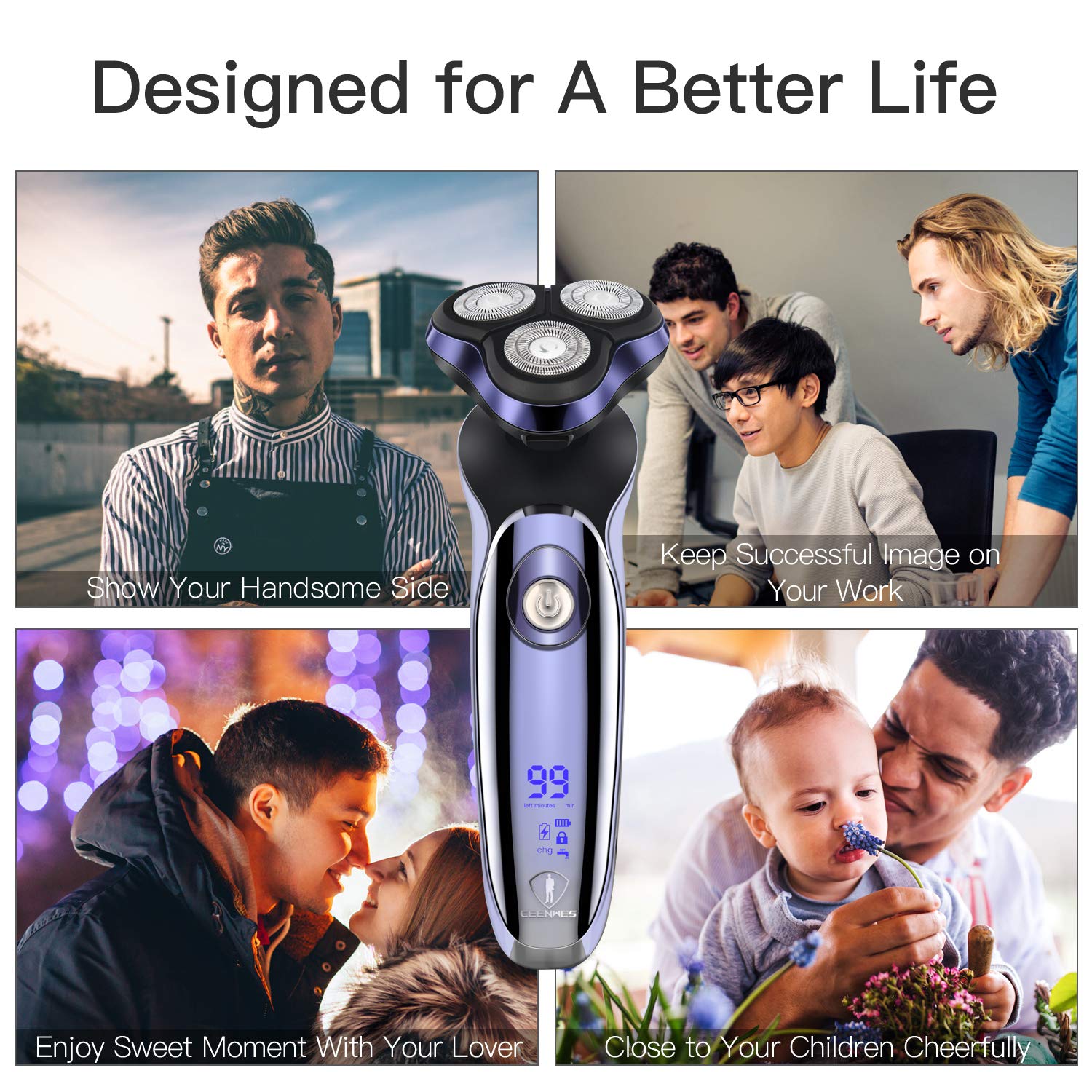 Ceenwes Electric Razor for Men 3 in 1 Grooming Kit with Nose Trimmer Sideburns Trimmer 100% Waterproof Electric Shaver Rechargeable Cordless Rotary Shavers