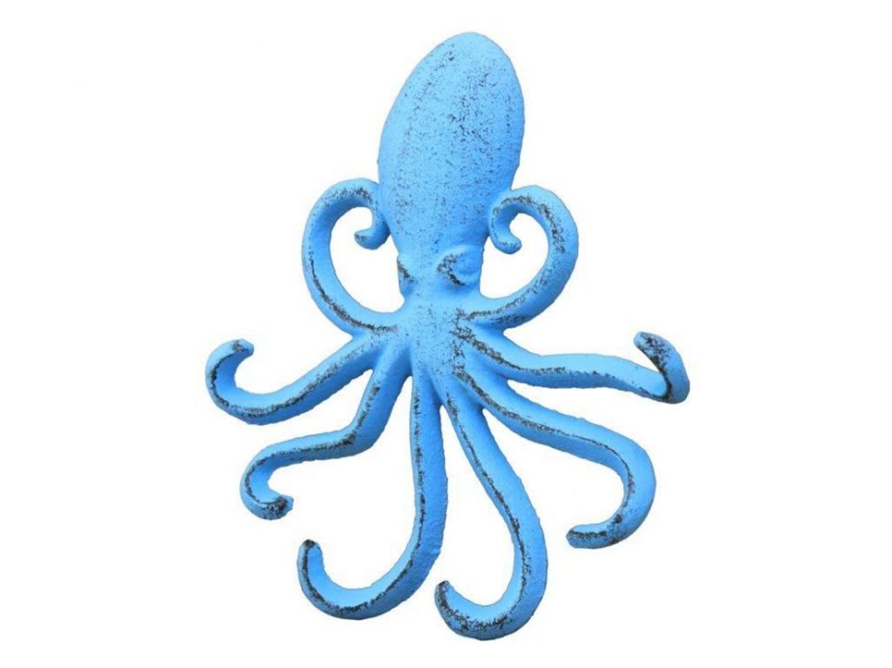Handcrafted Model Ships Rustic Light Blue Cast Iron Wall Mounted Decorative Octopus Hooks 7" - Beach De