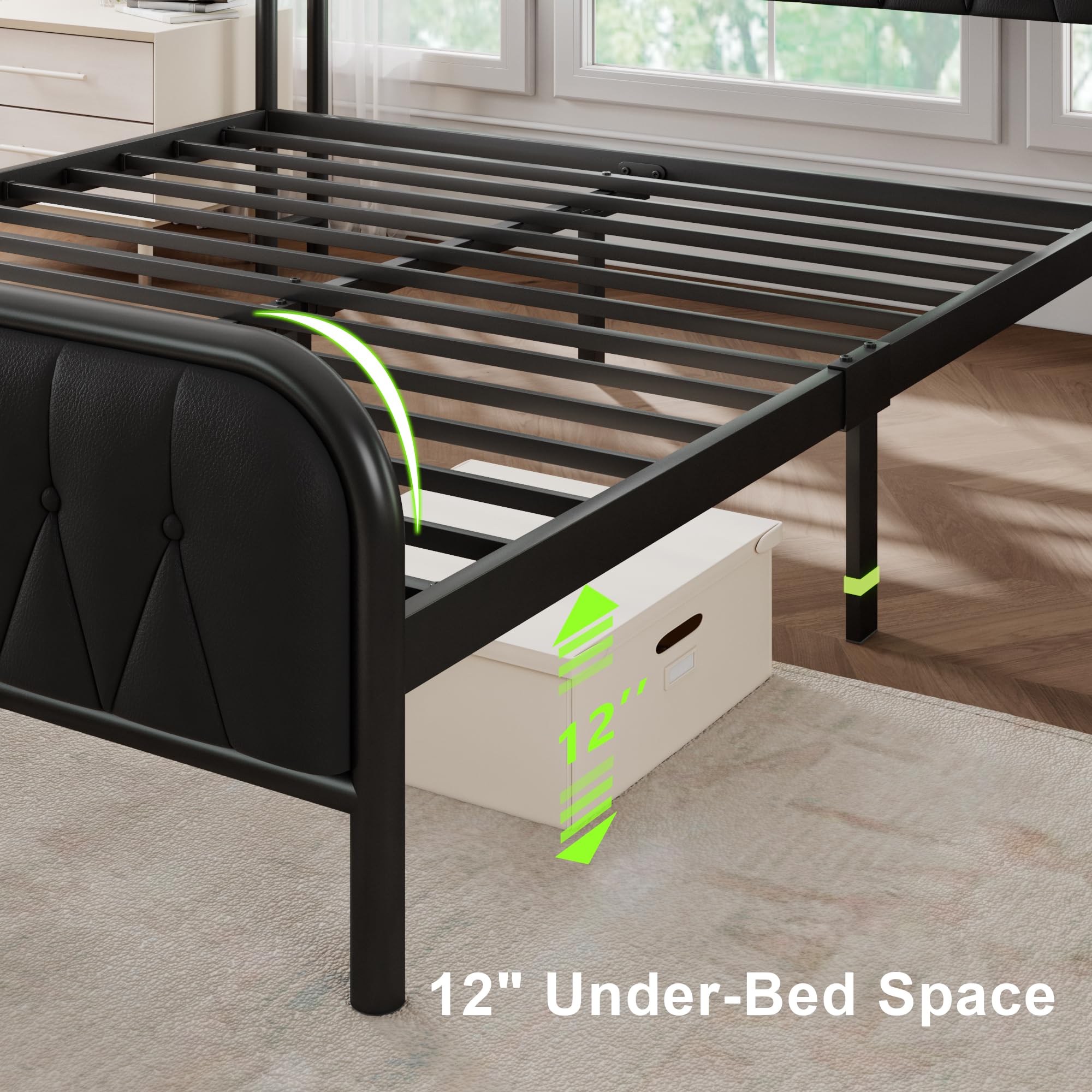 Feonase Leather Queen Bed Frame with Fast Charging Station,Queen Size Metal Platform Beds with Upholstered Headboard & Footboard,12" Underbed Storage Space,Easy Assembly,Noise-Free,Black