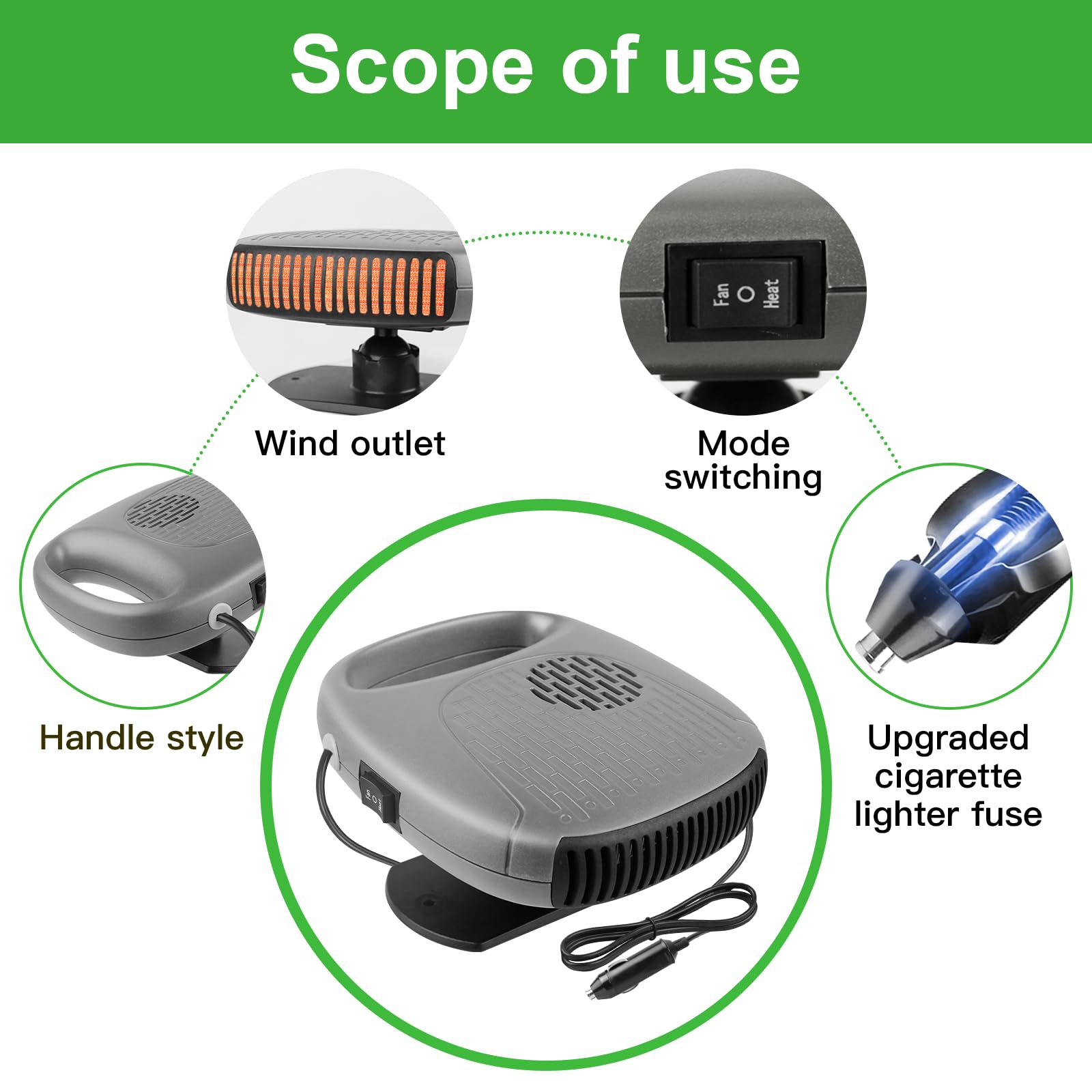 Car Heater 2 in 1 - Powerful 12V 120W Automobile Windscreen Fan and Ceramic Heater for Fast Defrosting and Heating - Ergonomic Handle Design and 360 Degree Rotary Base