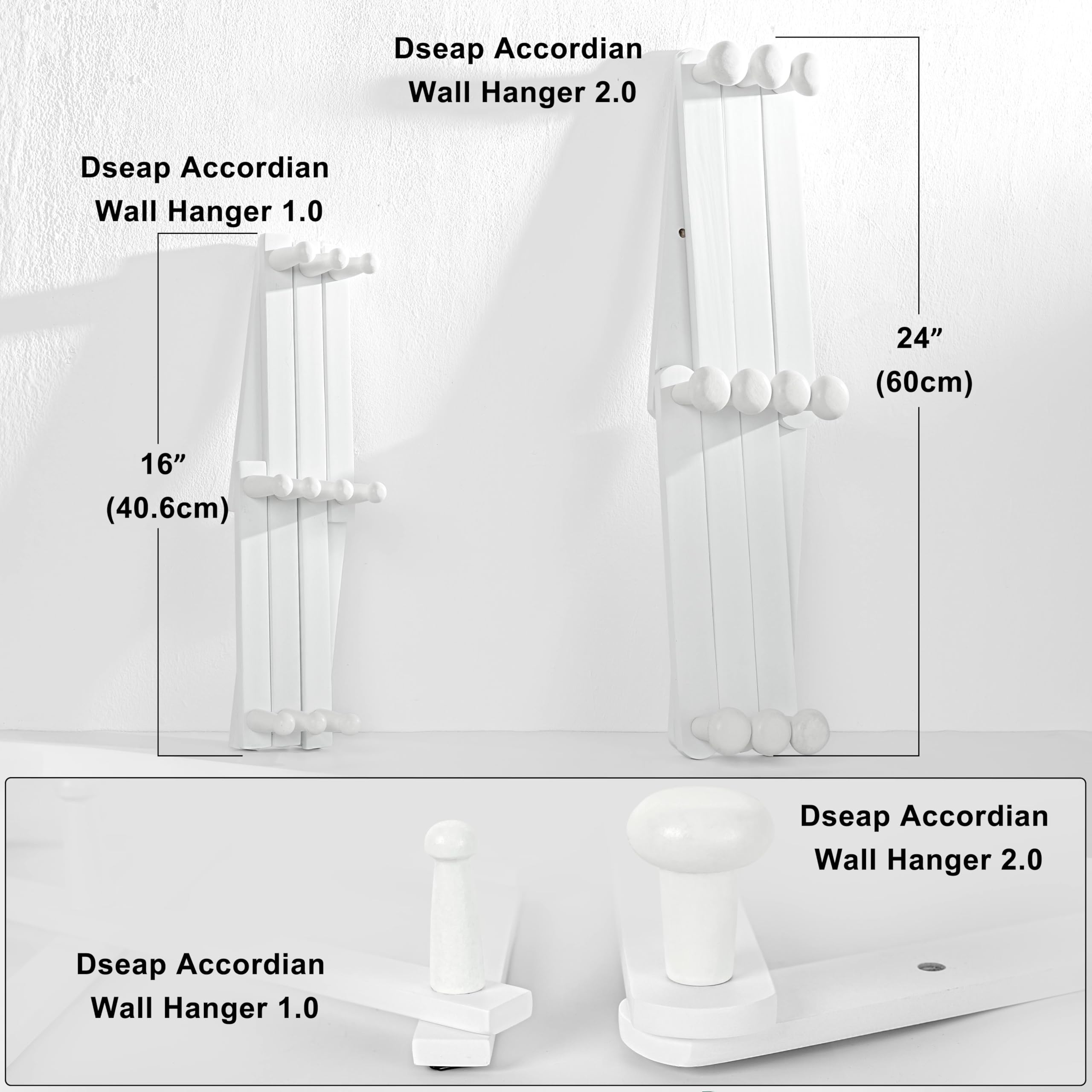 Dseap Expandable Coat Rack (Larger Version) - 24β High, Anti-Slip, Ultra Heavy Duty Wooden Accordian Wall Hanger with 10 Study Peg Hooks for Clothing Hats Jackets Bags, White