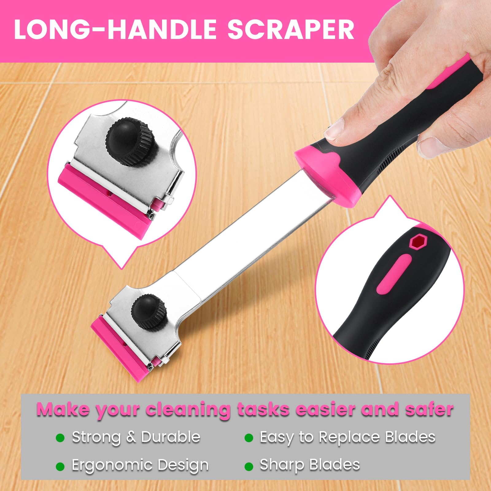 Fertoriy Razor Blade Scraper, Premium Razor Scraper with 50 Metal & Plastic Razor Blades, Multi-Purpose Razor Blade Scraper Tool, Glass Window Scraper Tool for Cleaning Cooktop, Sticker (Pink)