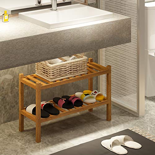INTERBUILD Acacia Solid Wood Shoe Storage Organizer 2-Tier Stackable Shoe Rack, Golden Teak