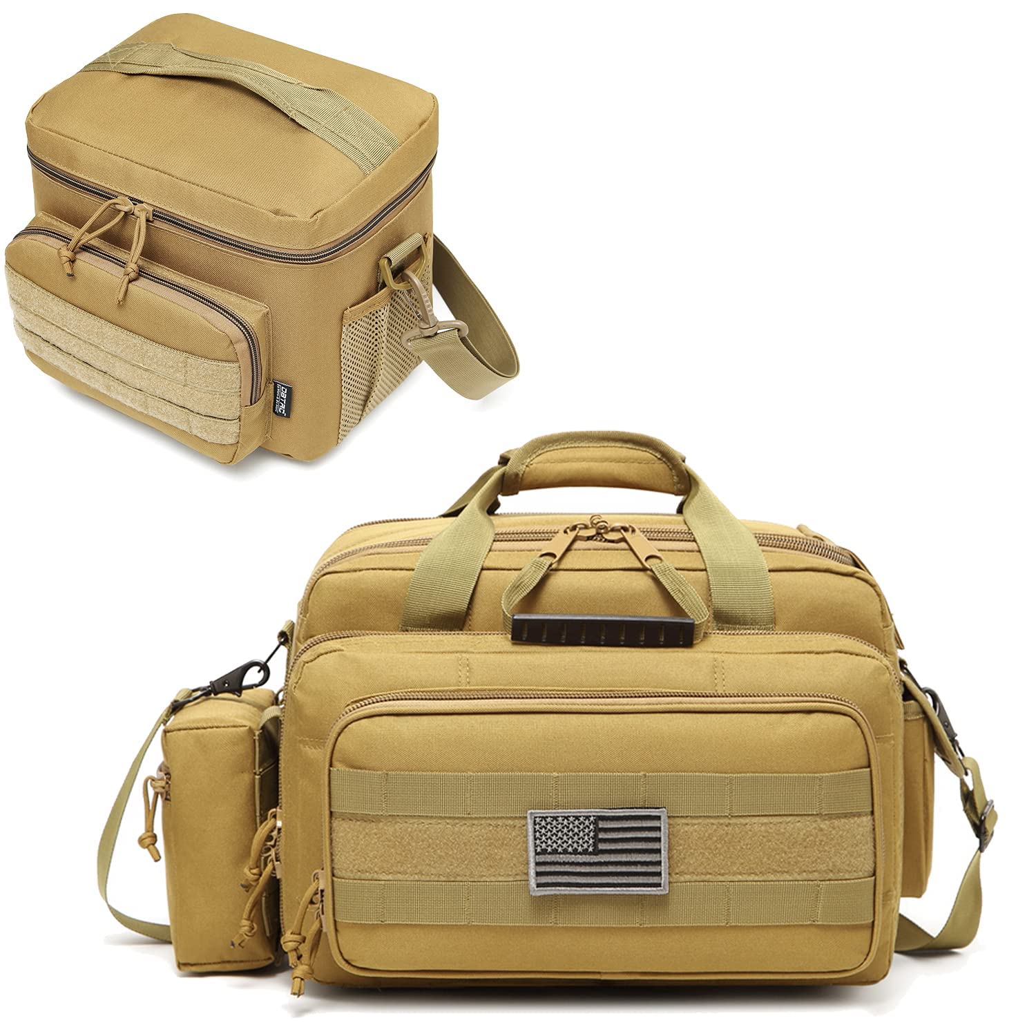 DBTAC Range Bag 2~4 Pistol Medium Size (Tan) + Tactical Lunch Bag (Tan), Durable Material with adjustable shoulder strap, Multi-functional Design