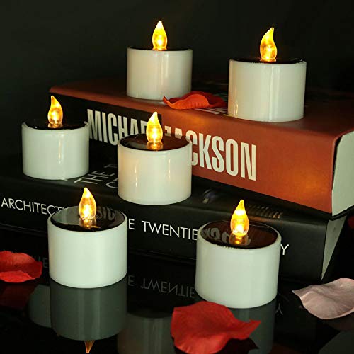 Decorman Solar Tea Lights, 8 Pack Flameless Rechargeable Amber Warm White Flickering LED Candle Lights, Waterproof Lantern Tealight for Home Wedding Garden Yard Pathway