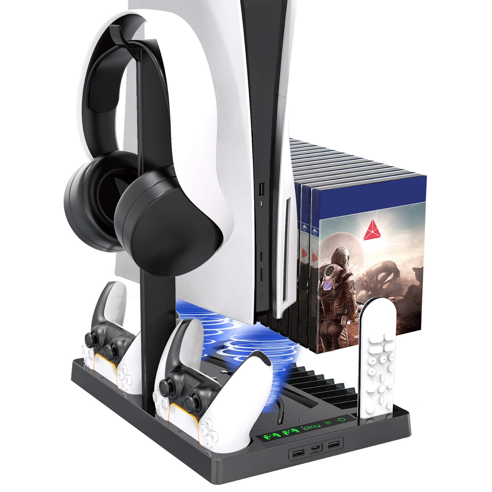 Vertical Stand with Headset Holder and Cooling Fan Base for PS5 Slim Console & Playstation 5 Accessories, Controller Charging Station Charger Dock for Disc Digital Edition, Game Slot Remote Organizer