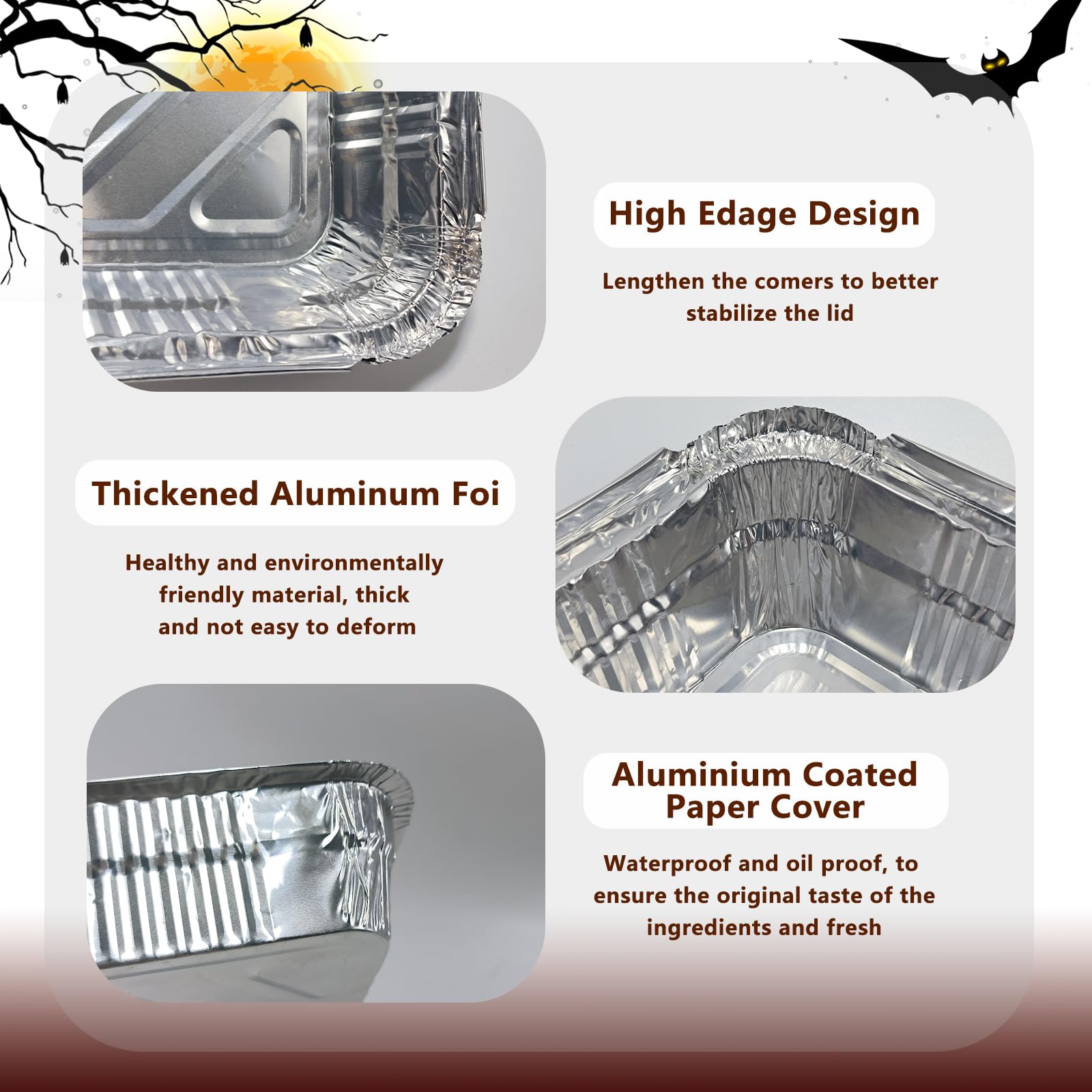 DTESL 50PCS Halloween Foil Containers with Lid, Halloween Leftover Containers trick or treat Disposable Aluminum Pans with Lids Aluminum Food Containers Storage for Baking, Halloween Party, Cooking
