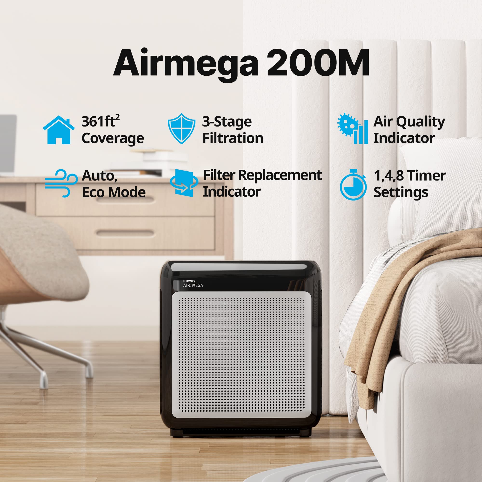 Coway AIRMEGA 200M True HEPA Air Purifier, 361 sq.ft, Black