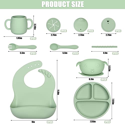 LOKEISNA Silicone Baby Feeding Set 6+ Months, Baby Led Weaning Feeding Supplies, Strong Suction Bowl & Suction Plate, Adjustable Bibs, 4-in-1 Cup, Silicone Spoon & Fork, Food-grade Silicone (Green)