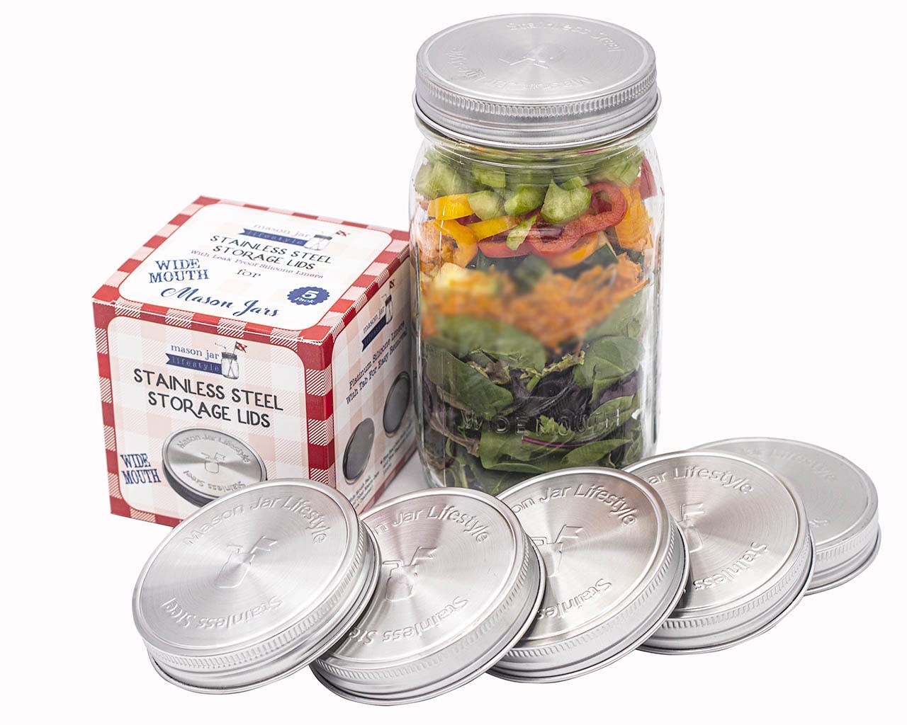 Mason Jar Lifestyle 5 Pack Stainless Steel Storage Lids with Platinum Silicone Liners for Wide Mouth Jars β Heavy Duty Caps for Mason Jars β Airtight & Leak-Proof Design