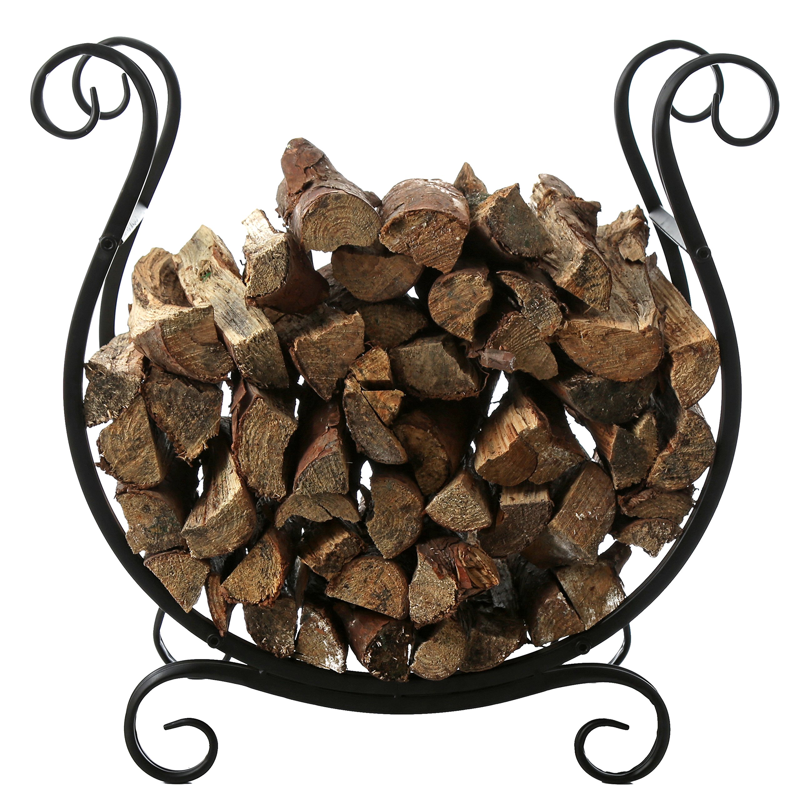 MyGift Black Metal Firewood Rack, Freestanding Fireplace Log Storage Holder with Scrollwork Design