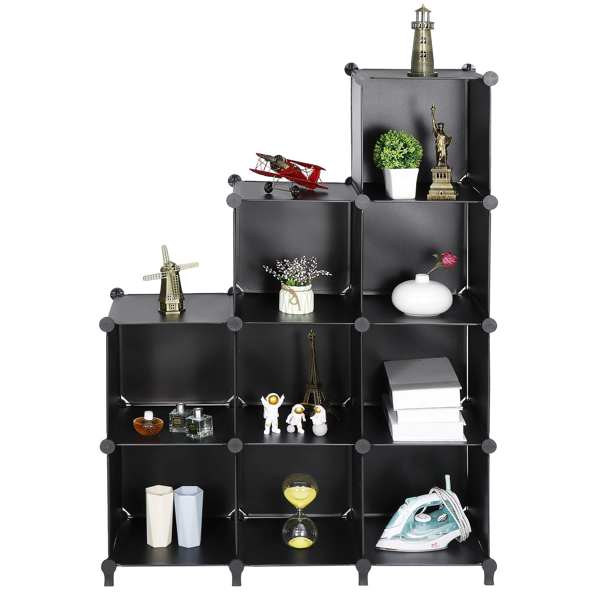 SUPER DEAL 9 Cube Storage Organizer DIY Plastic Stackable Shelves Modular Bookshelf with Wooden Mallet and Feet for Home Bedroom, Living Room, Bathroom, Office, Black