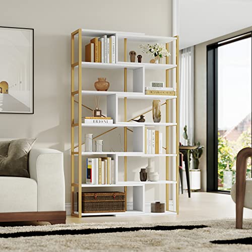 HITHOS Industrial 7-Tier Rotating Bookshelf, Double Wide Bookcase, Open Etagere Bookcase, Wood Corner Shelf with Metal Frame, Tall Storage Display Rack for Home Office, Living Room, Gold White