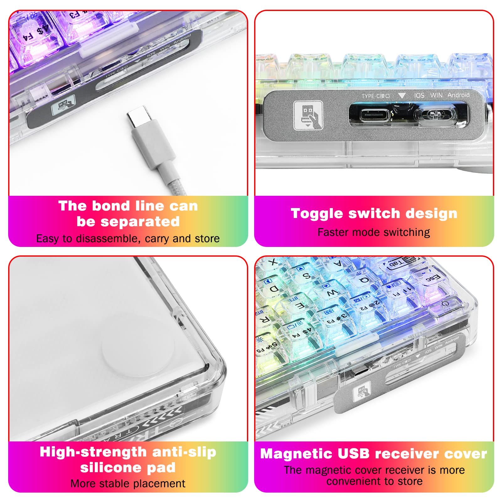 CHICHEN 60% Portable Mechanical Gaming Keyboard,Hot-swappable RGB Backlit Compact 68 Clear Keycaps,2.4Ghz Wireless/Bluetooth/USB-C,Transparent Gasket Ice Crystal Switch (Transparent White)